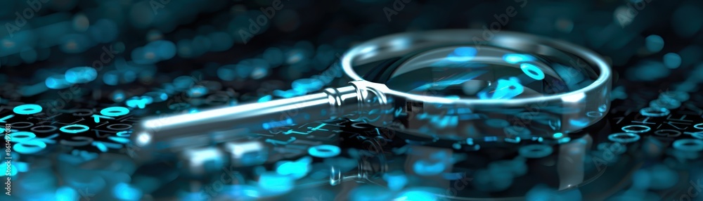 Binary code, silver magnifying glass, key icon, side view, conveys code ...