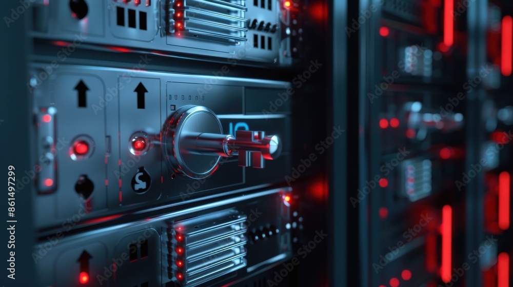 Data server, silver encrypted data symbol, key icon, side view, conveys ...