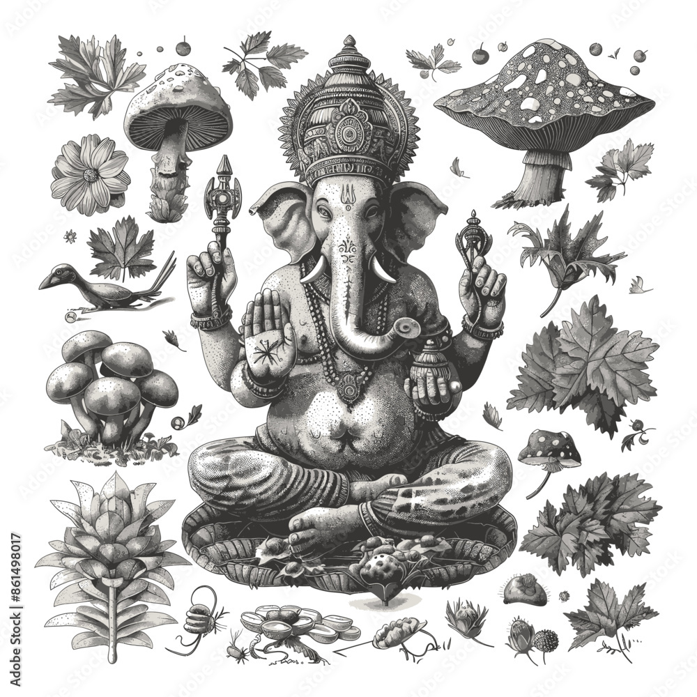 lord Ganesha, Yoga Pose, Lotus, Chakra, Moon, On, Hand. India set. God ...