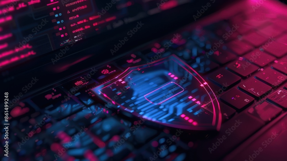Laptop with shield, dark access granted message, encrypted data symbol ...