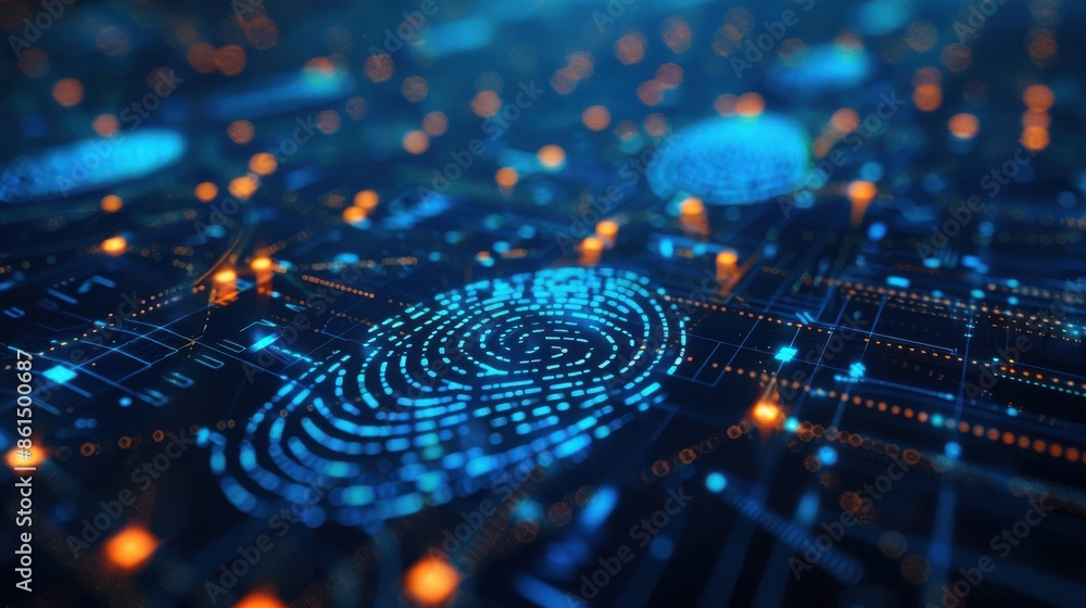 Digital analytics graph, fingerprint scan, network connections, top ...