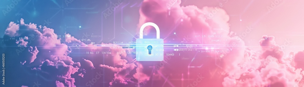 Binary code overlay, white padlock, cloud storage symbol, front view ...