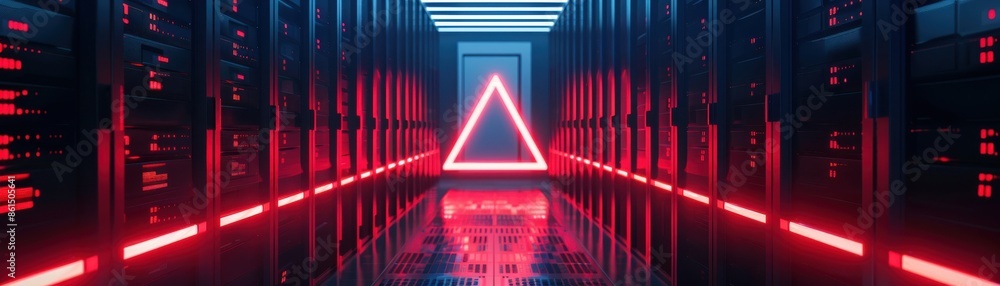 Data server, red warning triangle, encrypted data symbol, front view ...