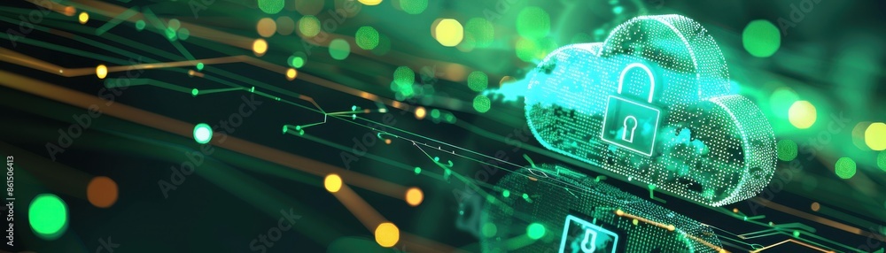 Cloud storage icon, green firewall illustration, padlock, side view ...