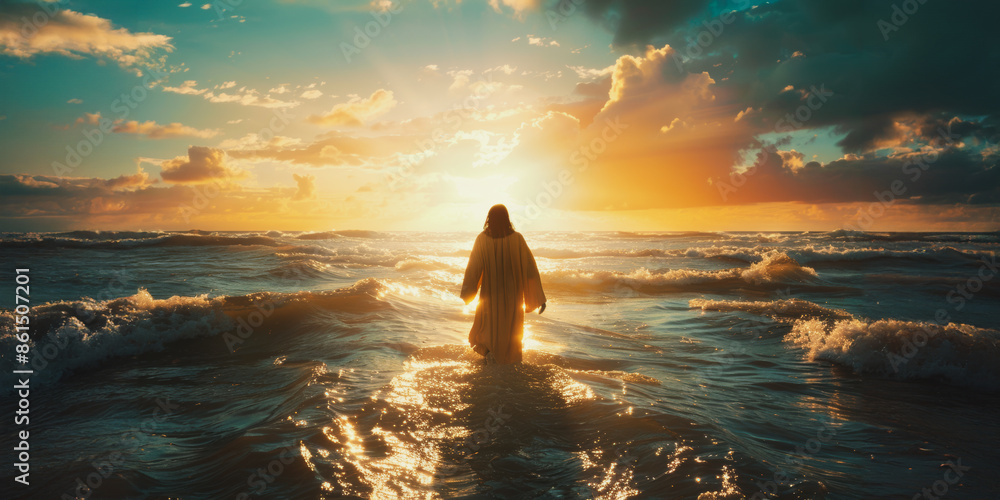 Jesus christ walking on water at sunset Stock Illustration | Adobe Stock