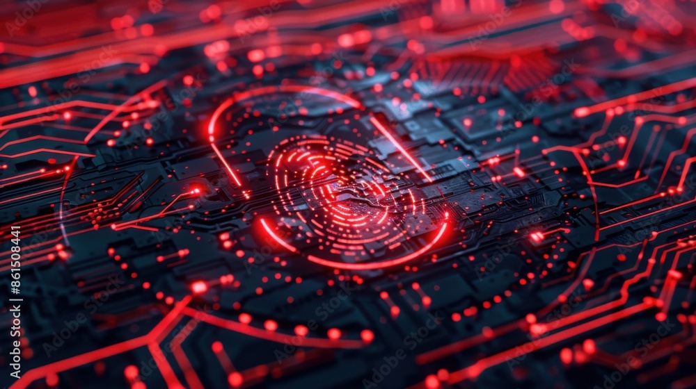 Lock icon, red digital analytics graph, fingerprint scan, top view ...