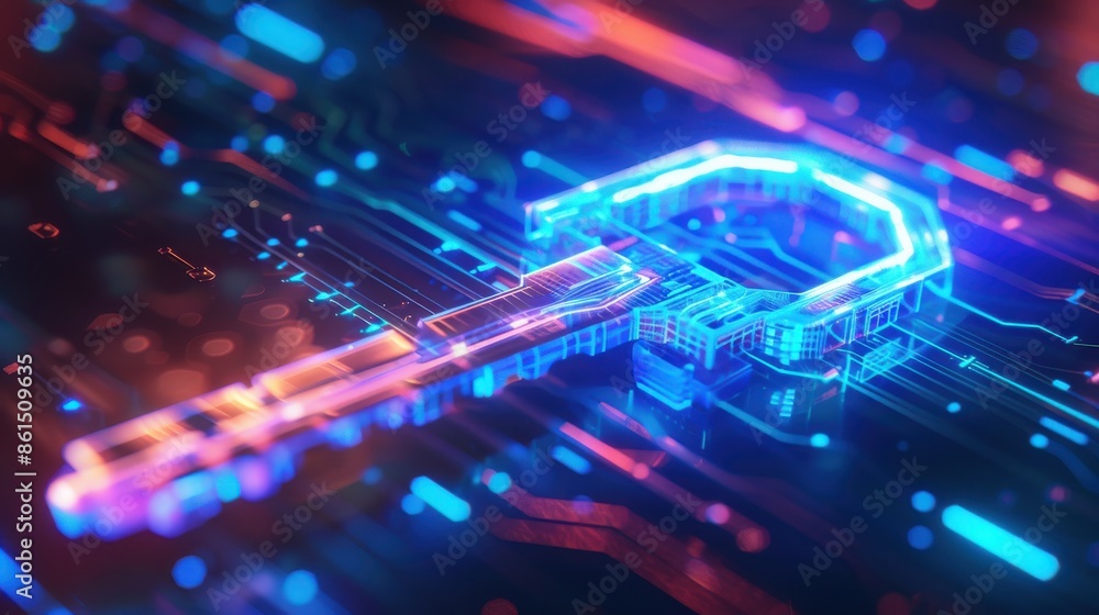 Security key, blue firewall interface, threat detection symbol, side ...