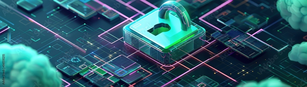 Cloud storage icon, green firewall illustration, padlock, side view ...