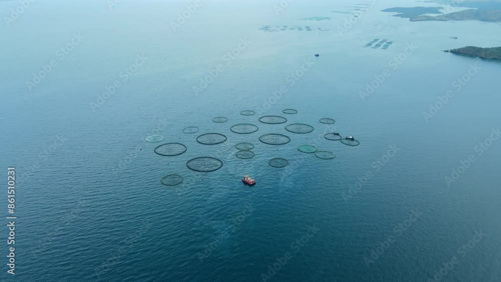 Aquaculture fish farm with offshore cages of fish enclosures in sea ...