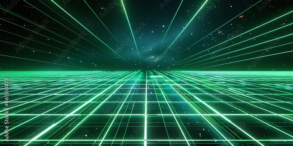 Dark 80s video game background with grid of green lights and streaking ...