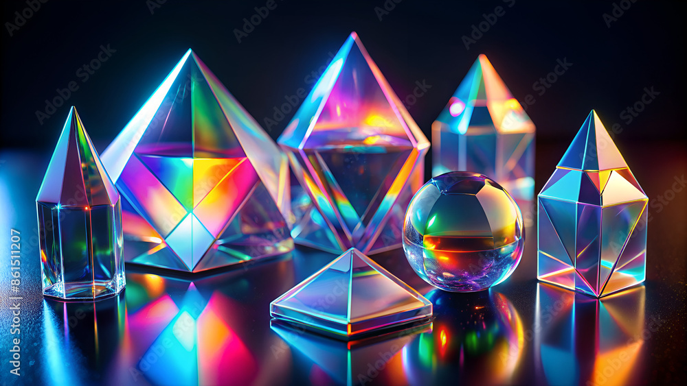 3d crystal glass shapes with refraction and holographic effect isolated ...