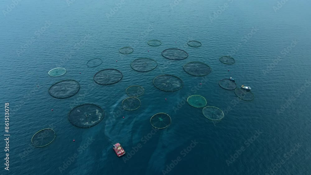 Aquaculture fish farm with offshore cages of fish enclosures in sea ...
