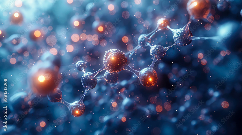 An atomic structure or a molecular model, central glowing nucleus ...