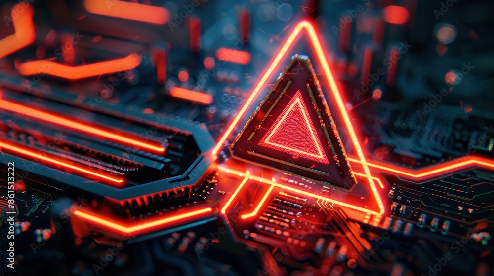 Data server, red warning triangle, circuit board background, front view ...