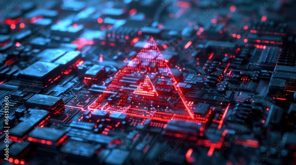 Data server, dark warning triangle, data encryption symbol, top view ...