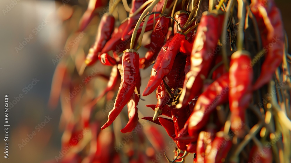 Foto de Red chili peppers hanging from a string. The peppers are dried ...