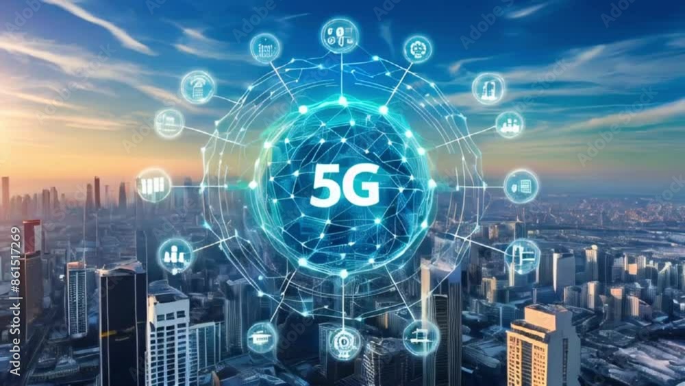5G network concept. Illustration of a globe with the 5G logo and icons ...