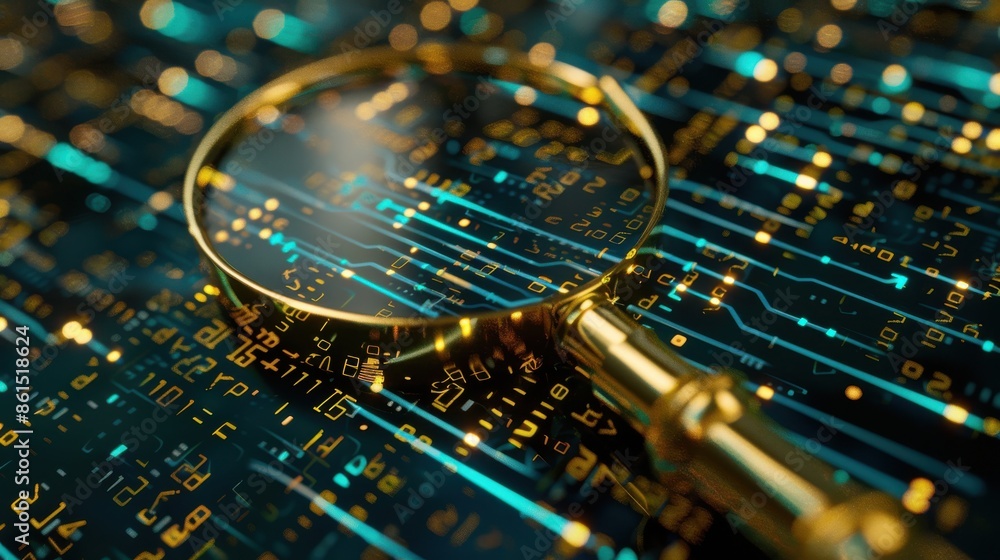 Binary code, gold magnifying glass, key icon, front view, indicates ...
