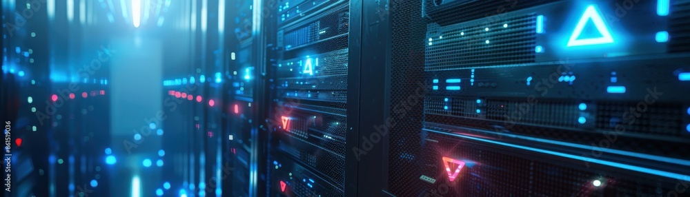 Data server, blue warning triangle, encrypted data symbol, side view ...