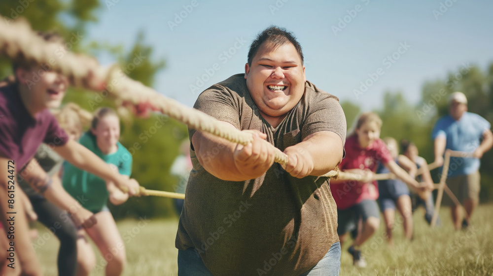 Overweight man participating in tug-of-war game, pulling rope with ...