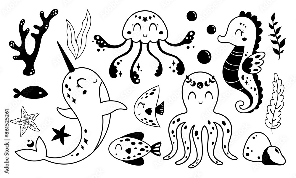 Black and white sea animal clipart. Ocean clipart in cartoon flat style ...