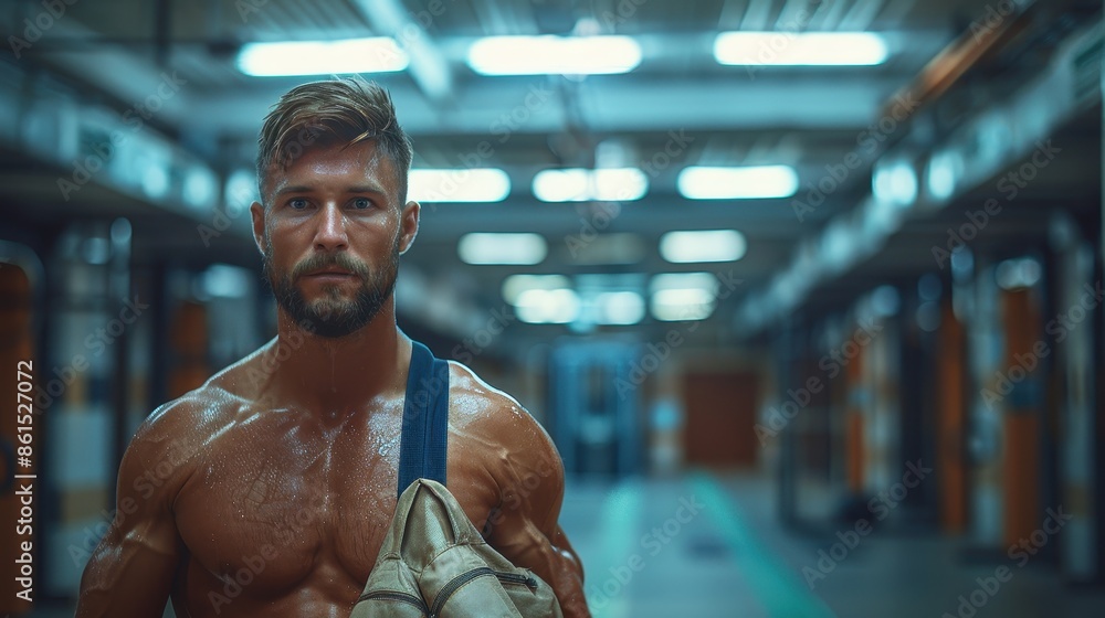 A muscular man, sweaty from a workout, stands confidently in a gym ...