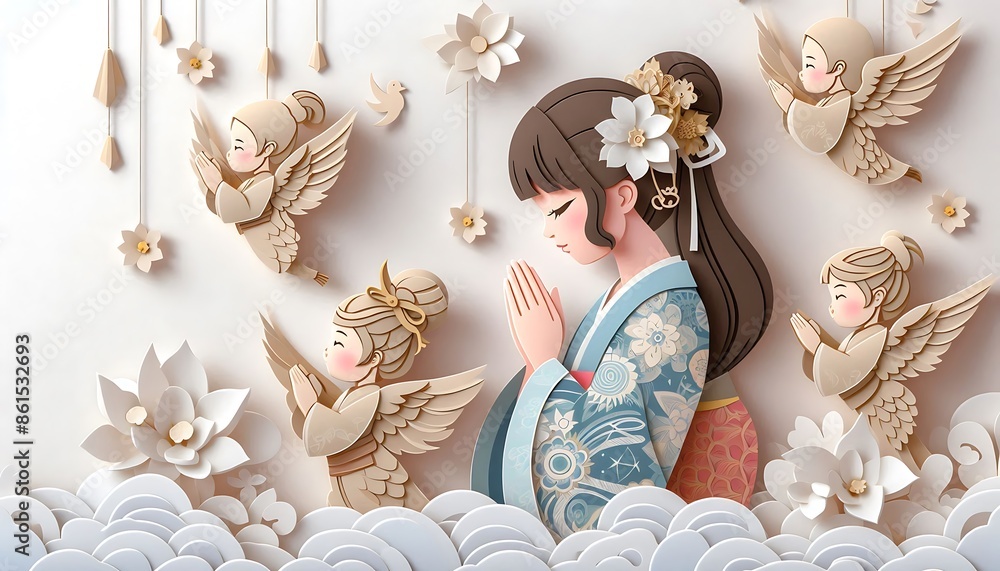 illustration with a girl praying and angels flying near her,Generative ...