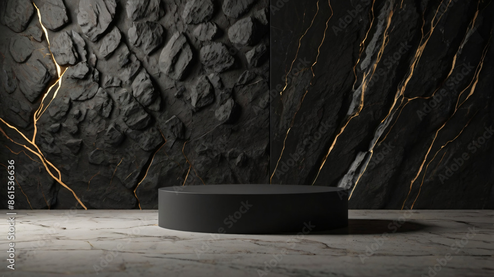 Black podium stone background rock product display 3d dark stand ...
