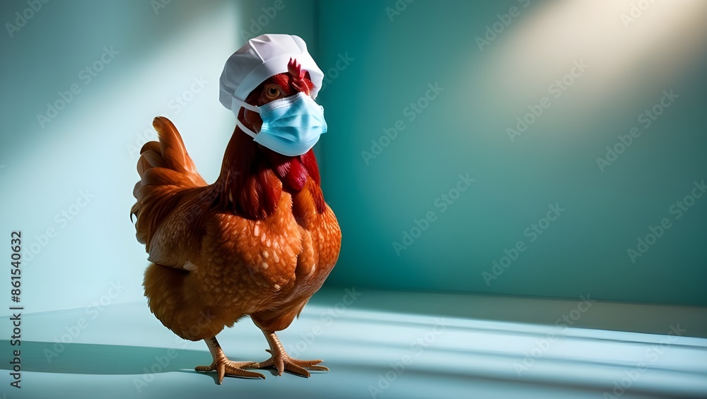 Chicken rooster in medical hat and mask in medical room.Bird flu ...
