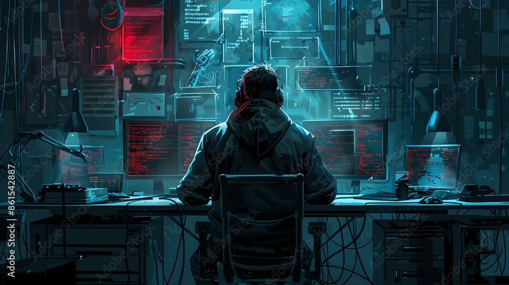 Hacker accessing top secret digital files from a sleek modern high tech ...