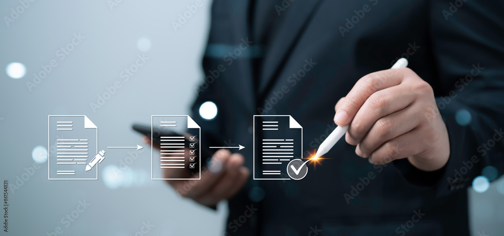 Businessman touches of approve document icon for business process ...