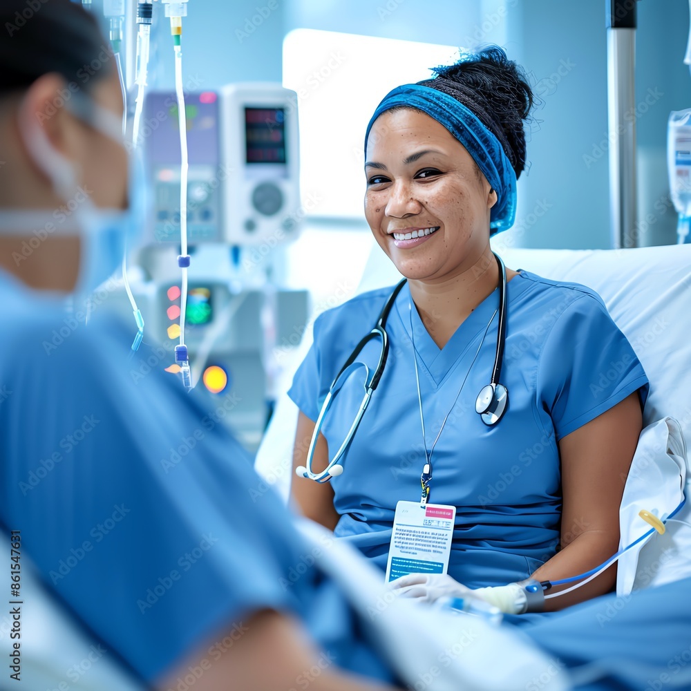Doctor checking on a patient with an IV drip in a hospital bed, patient ...