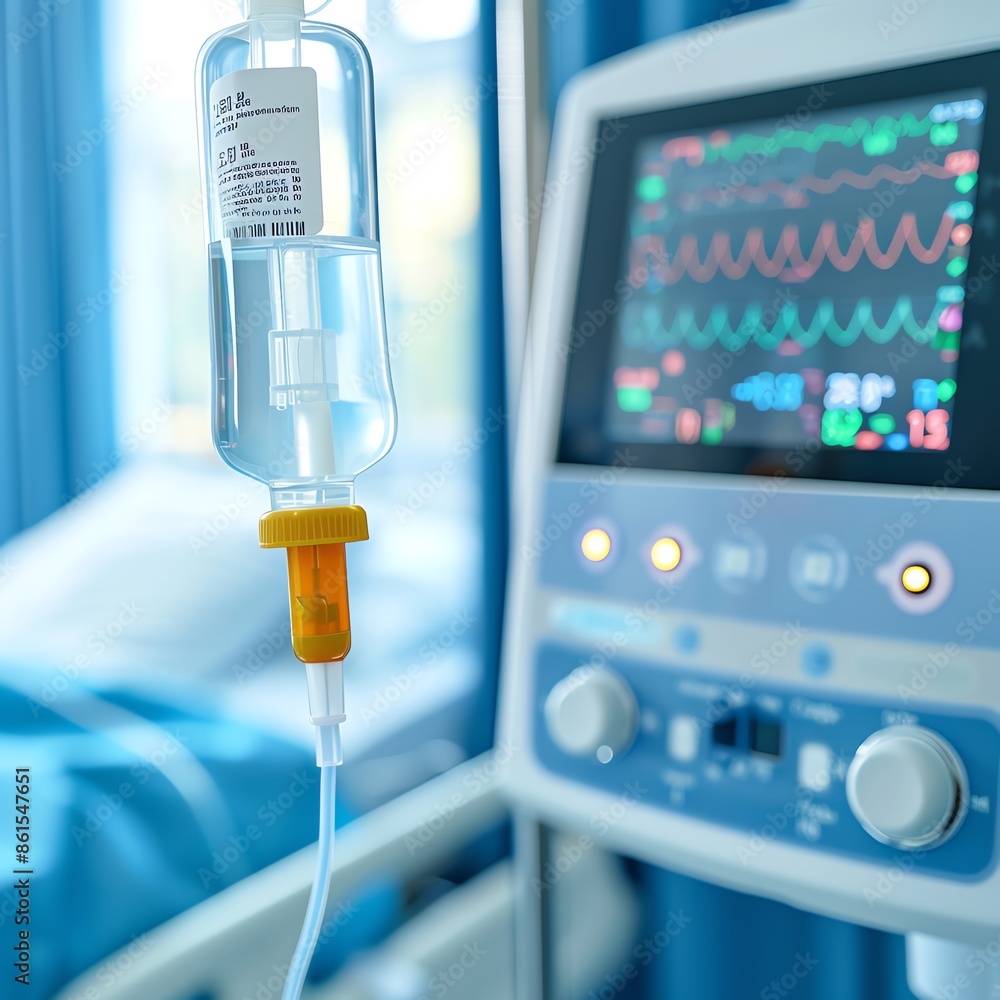 Doctor checking on a patient with an IV drip in a hospital bed, patient ...