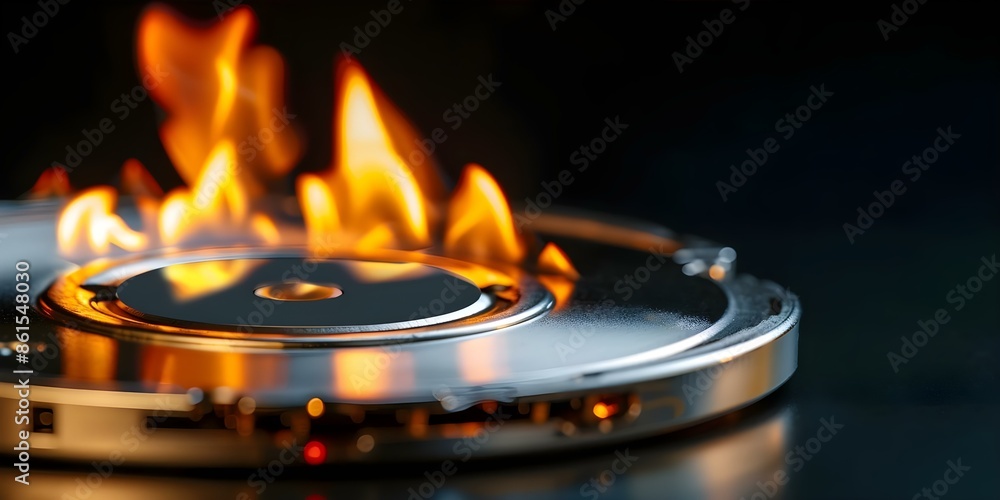 Hard drive fire igniting internal HDD disk ablaze with flames. Concept ...