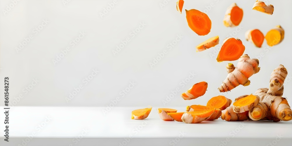 Fresh Turmeric Root Slices in High-Resolution Image Falling on White ...