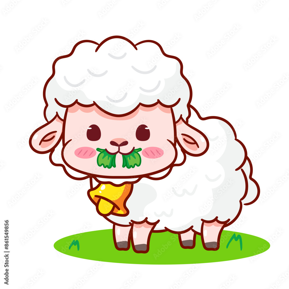 Cute Sheep Eating Grass Cartoon Character. Adorable and Kawaii Animal ...