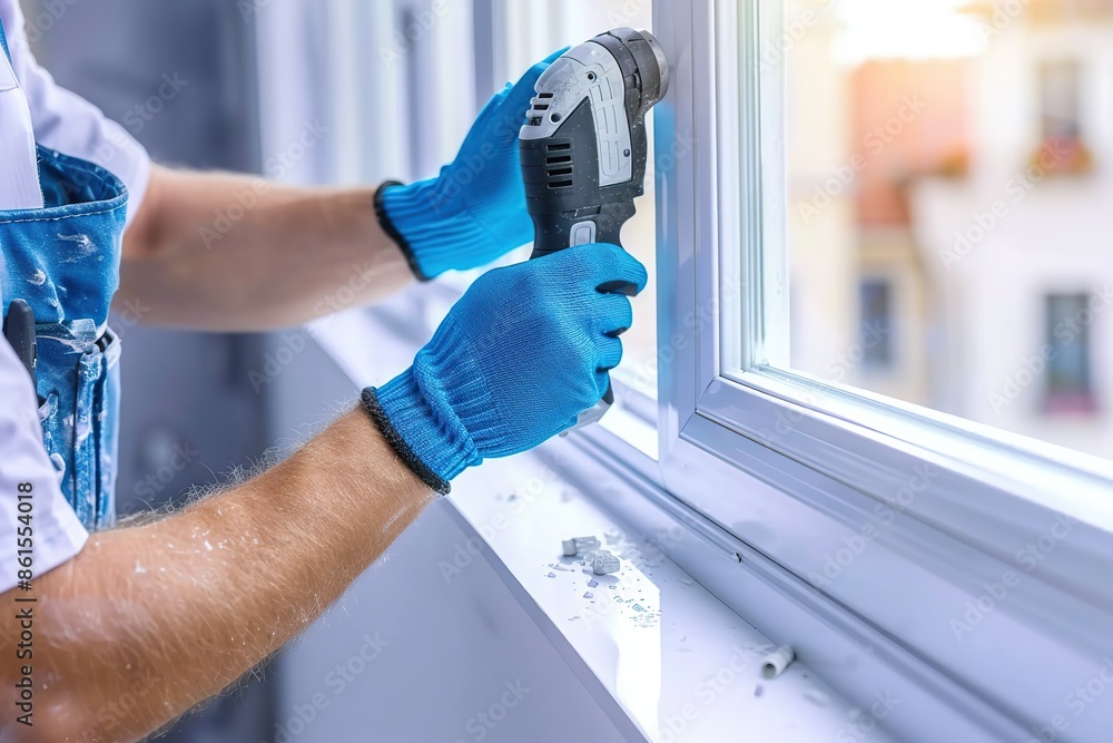 Window Measuring. Workman fixing, adjusting new plastic PVC window with ...