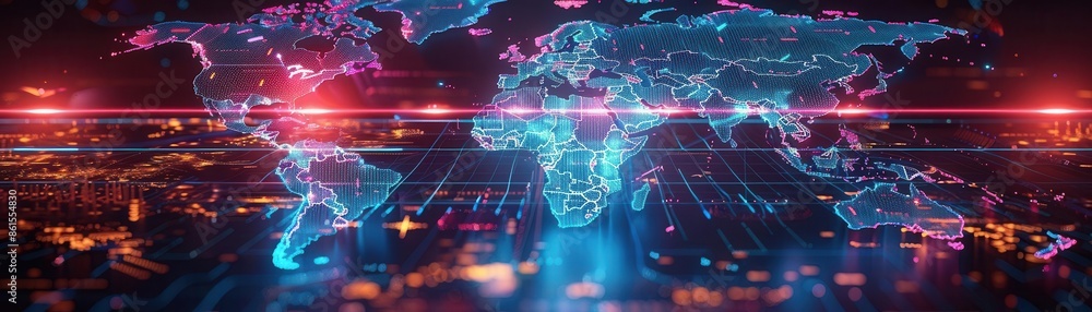 Detailed digital world map with interactive trade routes, holographic ...