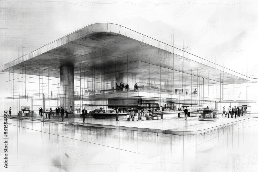 Abstract black and white architectural sketch of a modern library with ...