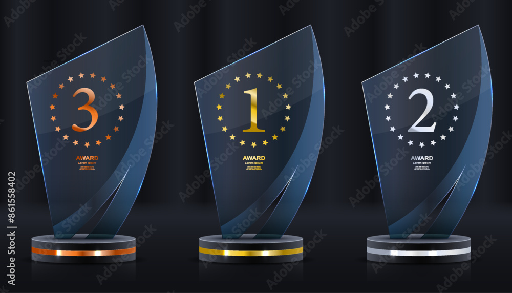 Set of glass award trophy with laurel wreath. Transparent prize ...