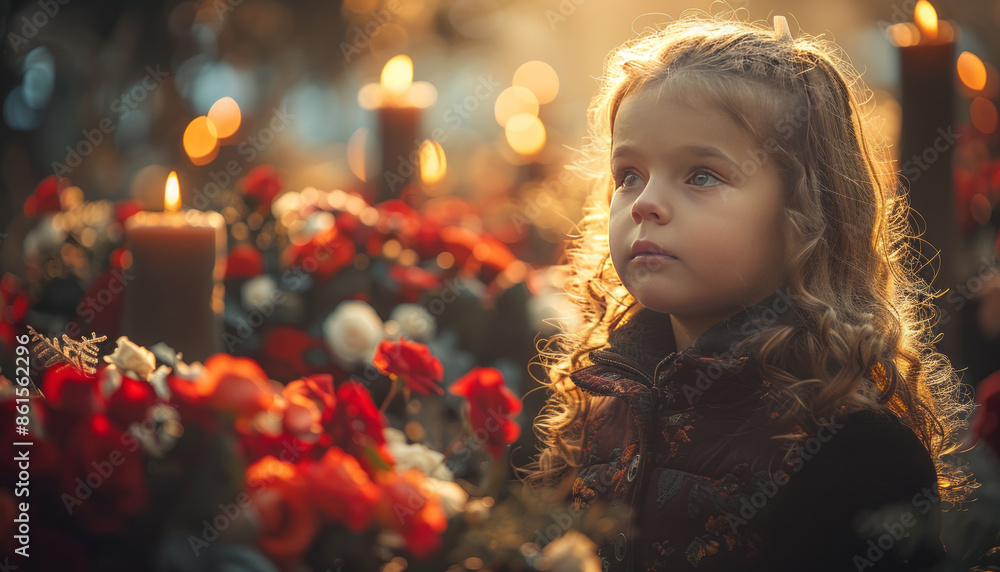 Death, grief and girl at funeral with flower on coffin, family and sad ...