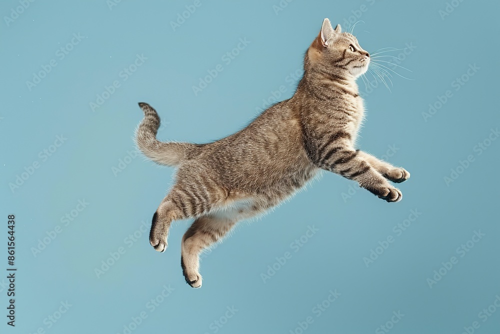 ภาพประกอบสต็อก Active agile Cat jumping high in the air on a blue color ...