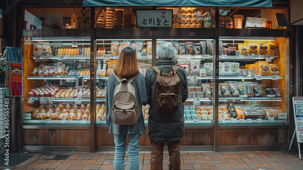 Mom, father and kid standing in a row in front of a single storefront ...