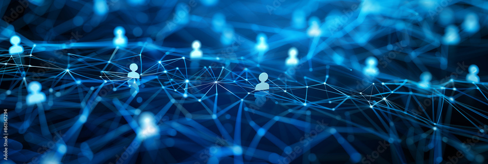 Abstract blue social network background with interconnected nodes and ...