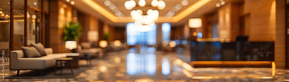 Blurred background of a hotel lobby with reception desk and lounge ...