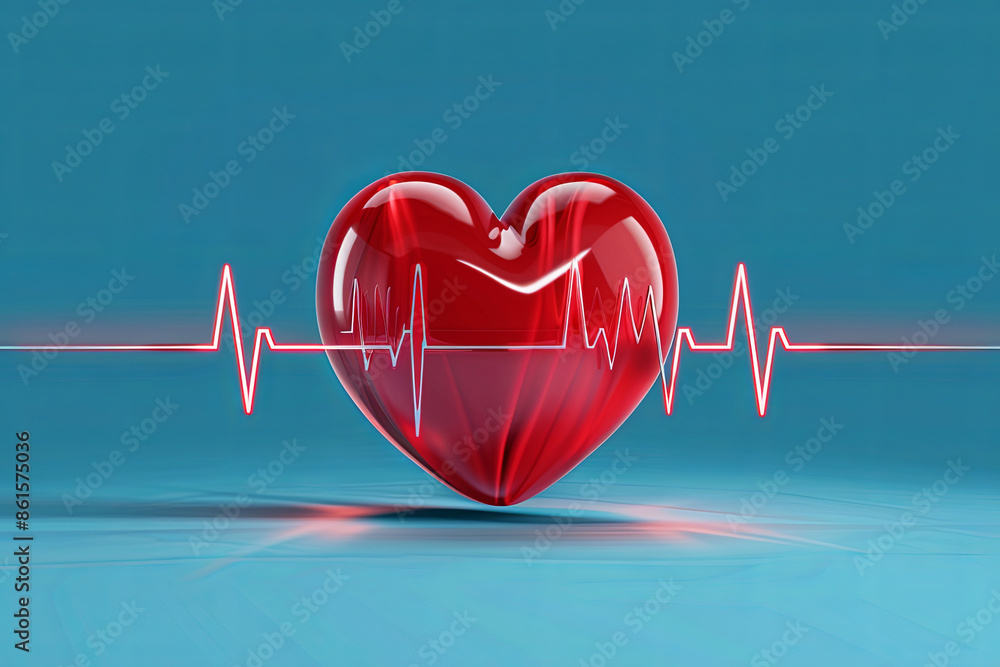 Realistic 3d red glossy heart with white pulse line, heartbeat. Cartoon ...