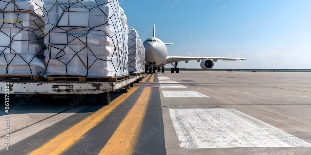 Cargo planes loading packages on a runway against a blue sky background ...
