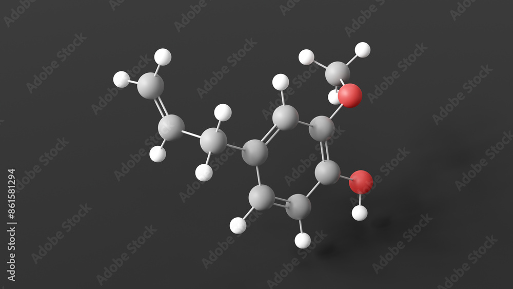 eugenol molecule 3d, molecular structure, ball and stick model, structural chemical formula ...