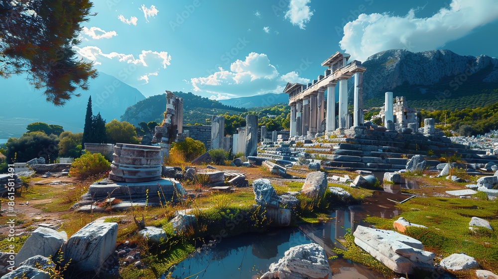 Deserted ancient temple ruins with broken columns and scattered ...