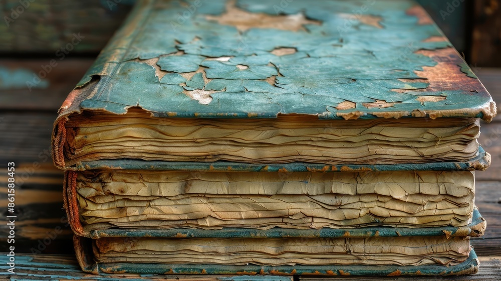 An evocative image showing three old, worn, and peeling books with blue ...